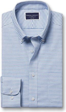 CHARLES TYRWHITT Bügelfreies Stretch-Oxfordhemd mit Button-down-Kragen und Karos - Ozeanblau