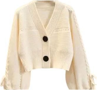 Generic Cardigan court en tricot pour femme - Col en V - Manches lanternes - Manteaux amples, Beige/blanc., Taille XS