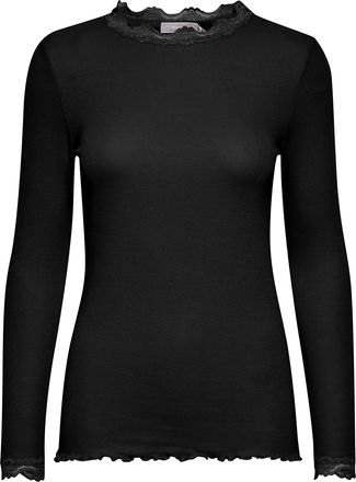 Fransa FRHIZAMOND 8 Damen Longsleeve Langarmshirt Shirt Spitzendetails an den Ärmeln Saum Kragen Tight Fit mit Stretch, Größe:XL, Farbe:Black (200113)