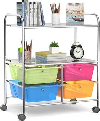 Giantex Chariot à Roulettes Avec 4 Tiroirs Empilables, 2 Étagères et Structure en Métal - Pour Salle de Bain Avec Roulettes Verrouillables