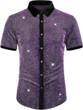 Generic Chemise disco vintage des ann&eacute;es 70 pour homme - Chemise boutonn&eacute;e &agrave; paillettes - Chemise &agrave; manches courtes - Coupe ajust&eacute;e - Chemise m&eacute;tallique r&eacute;tro