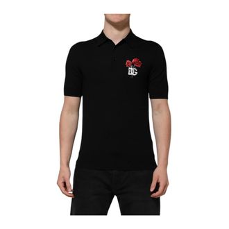 Dolce & Gabbana Homme, Tops, Noir, Taille: XS Rose Brod&eacute;e Logo Polo en Laine