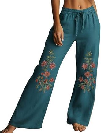 Generic Pantalon long en lin pour femme - Broderie florale - Pantalon en tissu d&eacute;contract&eacute; l&eacute;ger et a&eacute;r&eacute; - Taille &eacute;lastique - Pantalon de loisirs - D&eacute;contract