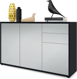Vladon Sideboard Ben V3, Kommode mit 3 T&uuml;ren und 2 Schubladen, Schwarz matt/Hellgrau Seidenmatt (117 x 74 x 36 cm)