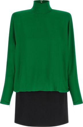 Valentino Garavani Feather-Trimmed Silk Bicolor Dress - Green