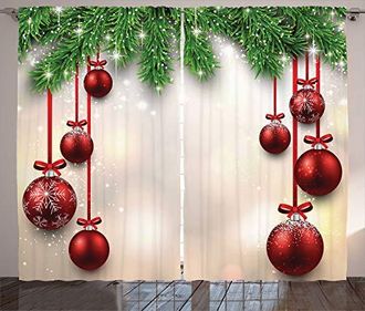 Abakuhaus No&euml;l Rideaux, Red Boules Rubans, D&eacute;coration Int&eacute;rieure Accent Lot de 2 Panneaux, 280 x 260 cm, Rouge Vert
