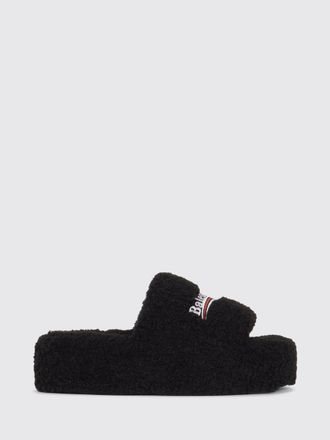 Balenciaga Sandales plates &agrave; talon compens&eacute; en shearling avec logo brod&eacute;