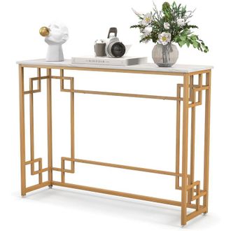 Costway Costway - Table console en faux marbre blanc - Cadre m&eacute;tal dor&eacute; g&eacute;om&eacute;trique - Dimensions 110 x 30 x 81 cm - Kit anti-basculement inclus
