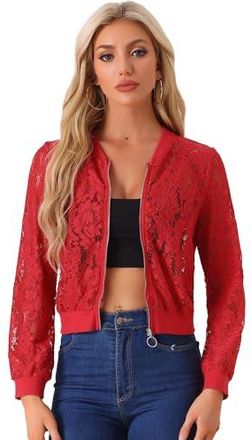 Allegra K Bomber en Dentelle Femme Blouson Dentelle au Crochet Floral Transparent Veste Courte Légère pour Printemps et été Rouge XS