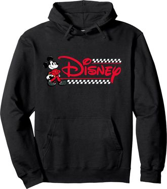 Disney Mickey Mouse Race Car Driver Racing Flag Script Logo Pullover Hoodie