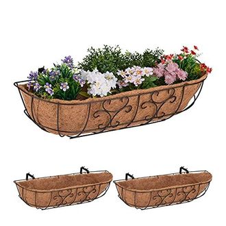 Relaxdays Blumenkasten Balkon, 3er Set, Balkonkasten zum Einhängen, Eisen & Kokosfaser, HBT 21 x 76 x 22 cm, braun/Natur