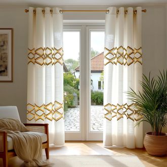 Deconovo Ösen Gardinen Voile Vorhang Leinenoptik Transparente Stores Gardinen Wohnzimmer Gardinenschal Durchsichtig Ösenvorhang mit Muster für Schlafzimmer Bal