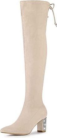 Allegra K Bottes Hautes à Talons épais et Strass pour Femmes Beige 37.5