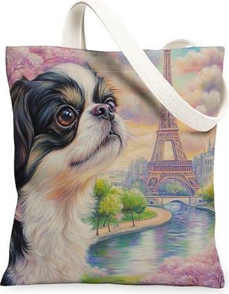 Generic Sac fourre-tout en toile motif chien japonais pour faire du shopping 33 x 38,1 cm, sac d&eacute;picerie r&eacute;utilisable en tissu pour femme, peinture danimaux d