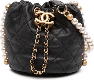 Chanel Black Mini Quilted Calfskin About Pearls Drawstring Bucket Bag