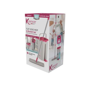 Kleeneze Flachkopfmopp & Eimer Set - Eingebautes Auswringen, Schmutzschaber, Kompaktes Design, Schlank, Vinyl/Fliesen/Holz, 5L, Doppelkammer, Einweichen/Auswri