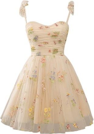 Generic Robe Soiree Femme Chic Robe Cocktail Robe de Bal en Tulle Brodé de Fleurs pour Femme À Fines Bretelles Robe de Soirée Féeriquerobe de Soirée Robe de B