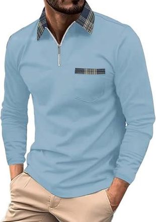 Generic Polo à manches longues pour homme avec poches et fermeture éclair - Coupe ajustée, Polo à manches longues bleu clair pour homme, L