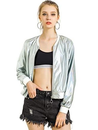 Allegra K Blouson Aviateur Zippé Métallique À Col Montant Et Mode Holographique Festival de Noël pour Femme Argent clair M
