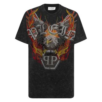 Philipp Plein Homme, Tops, Noir, Taille: 3XL T-Shirt Coupe Kimono D&eacute;lav&eacute; Aigle Cristal