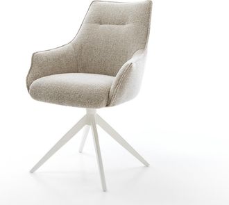 DELIFE Drehstuhl Alja-Flex mit Armlehnen Webstoff Soft Beige Kreuzgestell breit Wei&szlig; 360&deg; drehbar Wippfunktion Taschenfederkern, Esszimmerst&uuml;hle