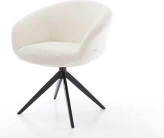 DELIFE Drehstuhl Vinka-Flex mit Armlehnen Bouclé Weiß Kreuzgestell breit Schwarz 360° drehbar Wippfunktion Taschenfederkern, Esszimmerstühle