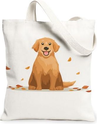 Generic Sacs fourre-tout en toile pour chien dautomne, motifs danimaux mignons, sacs d&eacute;picerie r&eacute;utilisables, l&eacute;gers et lavables avec bandouli&egrave;re Ca, blanc, 1