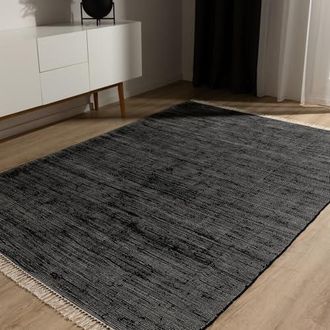 benuta Basic Tapis Coton Tom - Noir 200x300 cm - Tiss&eacute; &agrave; Main - 100% recycl&eacute; - Compatible avec Chauffage au Sol - pour Salon, Chambre, Couloir, Salle &agrave; Mange