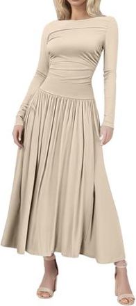 Generic Robes amincissantes 2026 pour femmes, robe maxi printemps 2025 &agrave; manches longues, col rond, tricot&eacute;e, d&eacute;contract&eacute;e, pliss&eacute;e avec poches, kaki, XXL