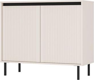 Selsey Kommode Osaka Sandbeige 84,7 x 100,2 x 40 cm - Schlafzimmer Sideboard mit 2 T&uuml;ren & 4 F&auml;chern - Wei&szlig;e Matt Oberfl&auml;che - Schwarze Metallf&uuml;&szlig;e 15 cm - MD