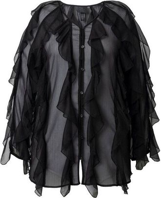 Ulla Popken Longbluse Bluse Volants A-Linie V-Ausschnitt Langarm