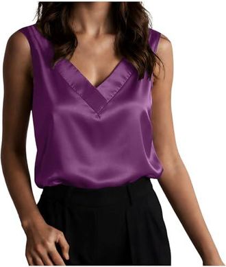 Generic D&eacute;bardeurs en satin Femme Brillance Tank Top El&eacute;gant Haut sans Manches Blouse Mode D&eacute;bardeur en Col en V Basiques T-Shirt D&eacute;contract&eacute; Aspect Soie Chem