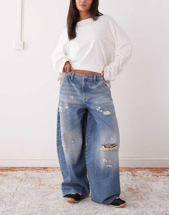 Collusion X006- Jean bouffant XL oversize &agrave; taille basse - D&eacute;lavage effet us&eacute;-Bleu