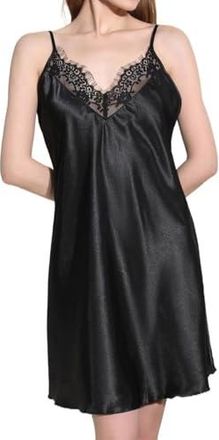 Generic Mini peignoir de bain pour femme, robe pyjama, chemise de nuit, peignoir de bain pour femme, robe de bain en fausse soie à col en V, K-473 Noir, L