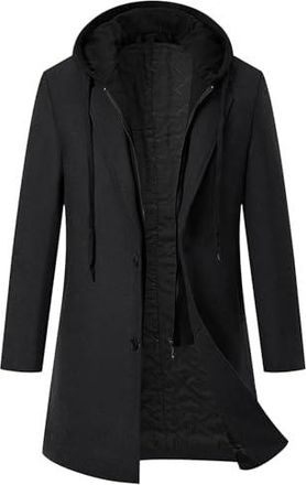 Generic Faux manteau &agrave; capuche en deux pi&egrave;ces pour homme - En coton - D&eacute;contract&eacute; - En laine - Manteau dhiver matelass&eacute; avec capuche, Noir, XXL