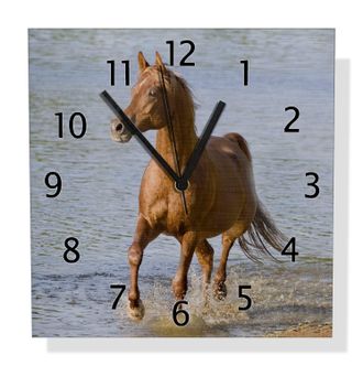 Wallario Design Wanduhr Braunes Pferd am Meer Araber am Wasser aus Aluverbund, Alu-Uhr Größe 30 x 30 cm, Schwarze Zeiger mit Metalloptik