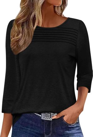 Onsoyours Shirt Damen 3/4 Arm Falten Rundhals Tshirt Leichte Pullover Sommer Herbst Oberteile Casual Tops Basic Shirt A Schwarz XXL