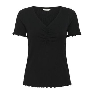 Cream V-Ausschnitt T-Shirt mit gekr&auml;uselten Kanten - - Tops - Damen - Schwarzk - S