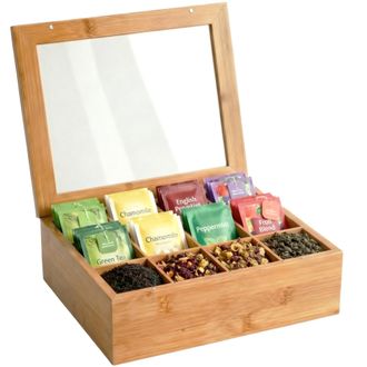 Clp Teebox f&uuml;r Teebeutel Holz Laprino, Teeaufbewahrung aus Bambus, Teekiste mit 12 F&auml;chern, Deckel mit Sichtfenster und Magnetverschluss, Farbe:Natur