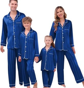 Generic Pyjama de No&euml;l assorti pour la famille avec col &agrave; revers ray&eacute; et pantalon - Ensemble de pyjama &agrave; manches longues en satin de soie - V&ecirc;tements de nuit 
