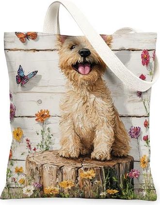 Generic Spring Lakeland Terrier Sac fourre-tout en toile pour faire du shopping 33 x 38,1 cm, souche en bois floral, sac d&eacute;picerie r&eacute;utilisable pour femme, pe
