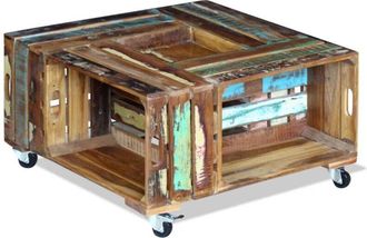 vidaXL Vidaxl - Table basse fixe en bois de r&eacute;cup&eacute;ration massif 70x70x35 cm - Avec 4 roues - Fait main - Surface polie et laqu&eacute;e