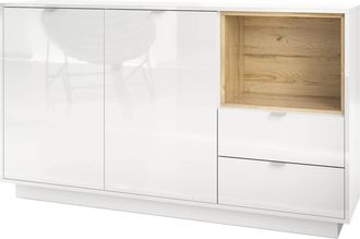 Vladon Sideboard Kommode Metro, Made in Germany, Korpus in Weiß Hochglanz/Fronten in Weiß Hochglanz mit Einsatz in Eiche Natur