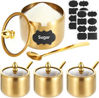 Generic Golden Edelstahl Zuckerdosen-Set 4-teilig mit Deckel, L&ouml;ffel und Gew&uuml;rzetiketten f&uuml;r K&uuml;che und Kaffeestation