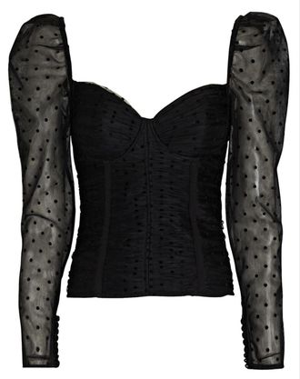 Self Portrait Black Polka-Dot Mesh Long-Sleeve Corset Top Size S