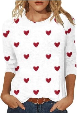 Generic T-shirt d&eacute;contract&eacute; &agrave; col rond et manches trois-quarts imprim&eacute; pour la Saint-Valentin 2026, blanc, XXL