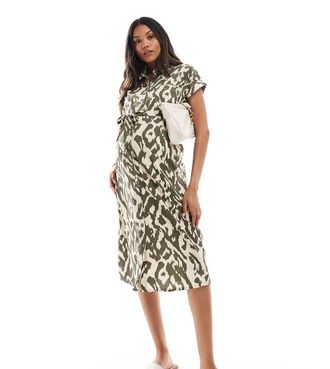 Only ONLY - Robe chemise de grossesse &agrave; manches courtes avec imprim&eacute; abstrait-Neutre