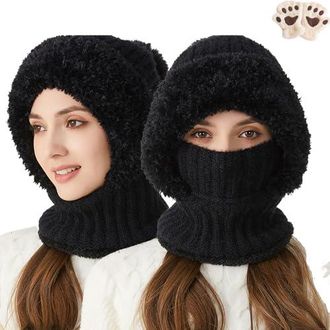 Generic Bonnet 3 en 1 avec &eacute;charpe et masque, chapeau &eacute;charpe coupe-vent dext&eacute;rieur pour femmes, cagoule masque facial chaud dhiver doubl&eacute; polaire, Noir, Tail