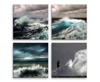 Paul Sinus Art 4 teiliges Leinwandbild je 20x20cm - Leuchtturm Unwetter Sturm Meer Wellen