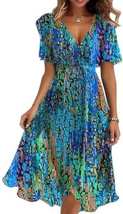 Onsoyours Femme Été Robe en Mousseline Col en V Élégant Au Genou Cocktail Soirée Robes Manches Courtes À Fleur Imprimé Mariage Invités Festival Dress A Ligne Lo